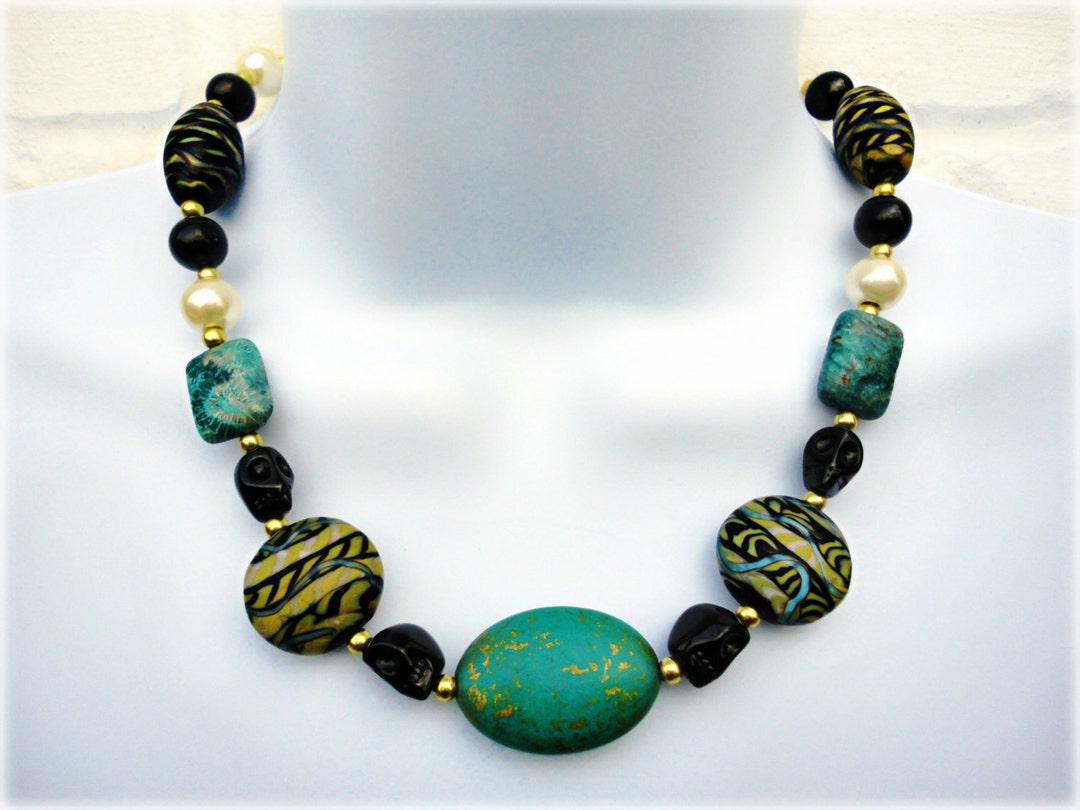 Super Cool Stylish Black Obsidian Skull Necklace With Teal and ...