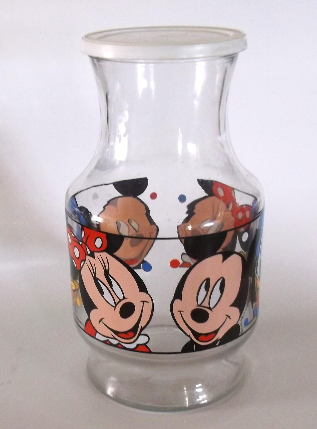 Vintage Walt Disney Glass Juice Carafe Pitcher With Lid - Mickey Minnie ...
