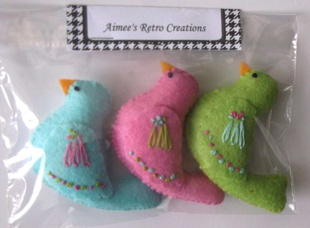Hand Crafted Felt Embroidered Bird Ornaments - Mint Blue Pink ...