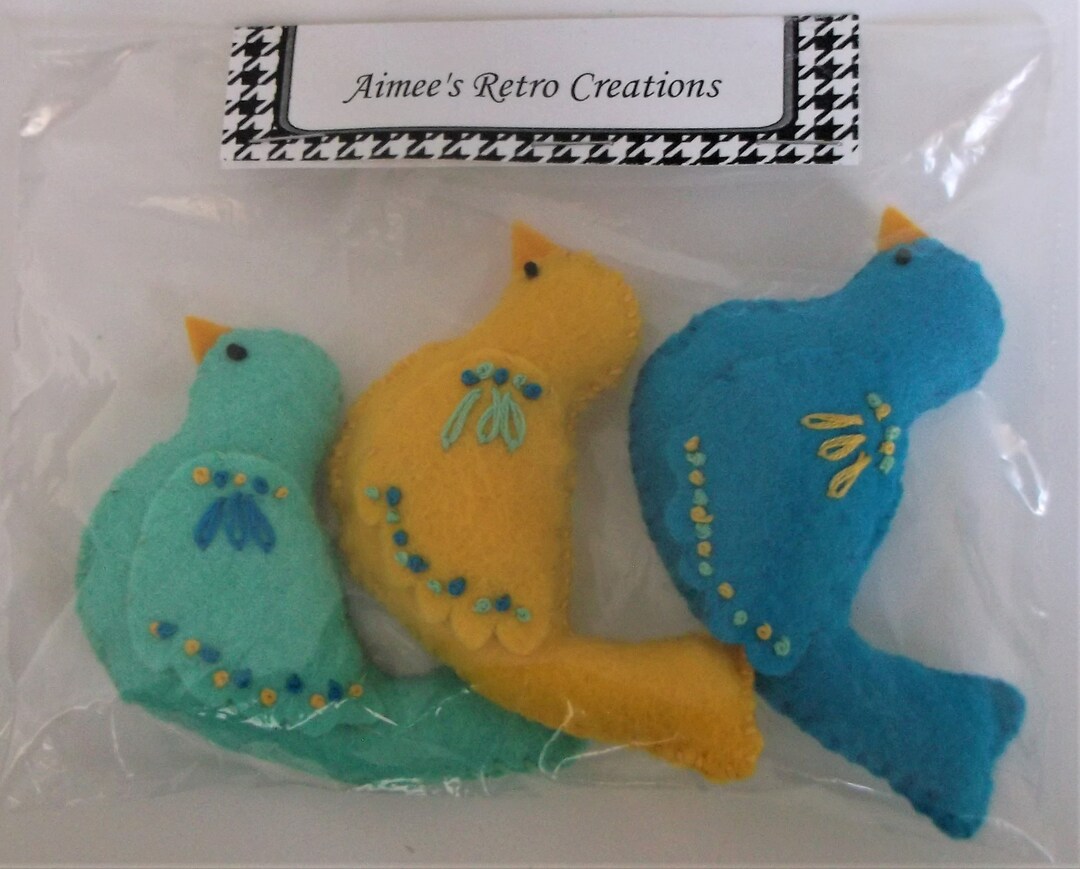 Hand Crafted Felt Embroidered Bird Ornaments Mint Green Yellow Blue - Etsy