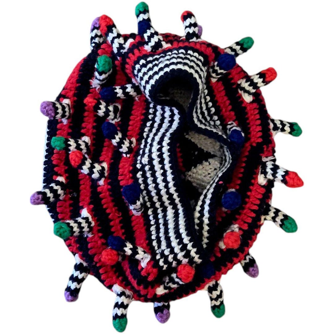 Hand‑crocheted Spiked Ashetu Hat | Red Multicolour, Black‑white‑red, or ...