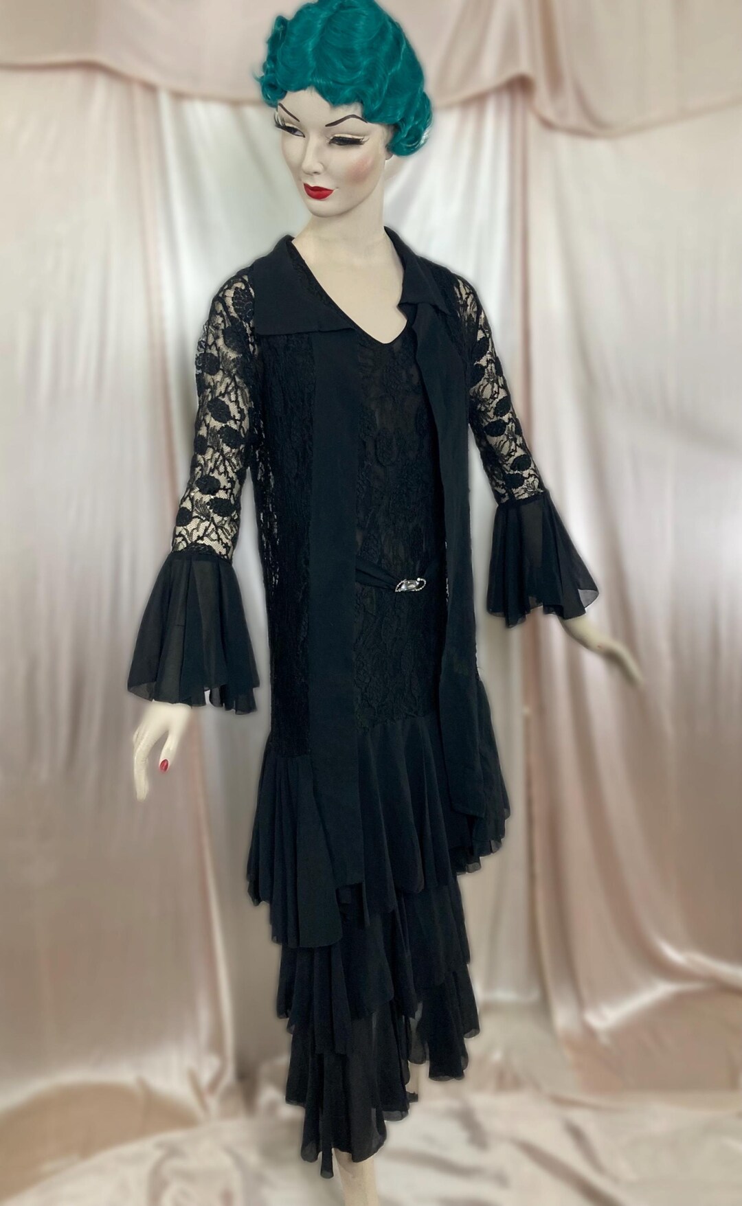 1920’s Original Black Lace Chiffon Dress Jacket Set Dramatic Sleeves ...