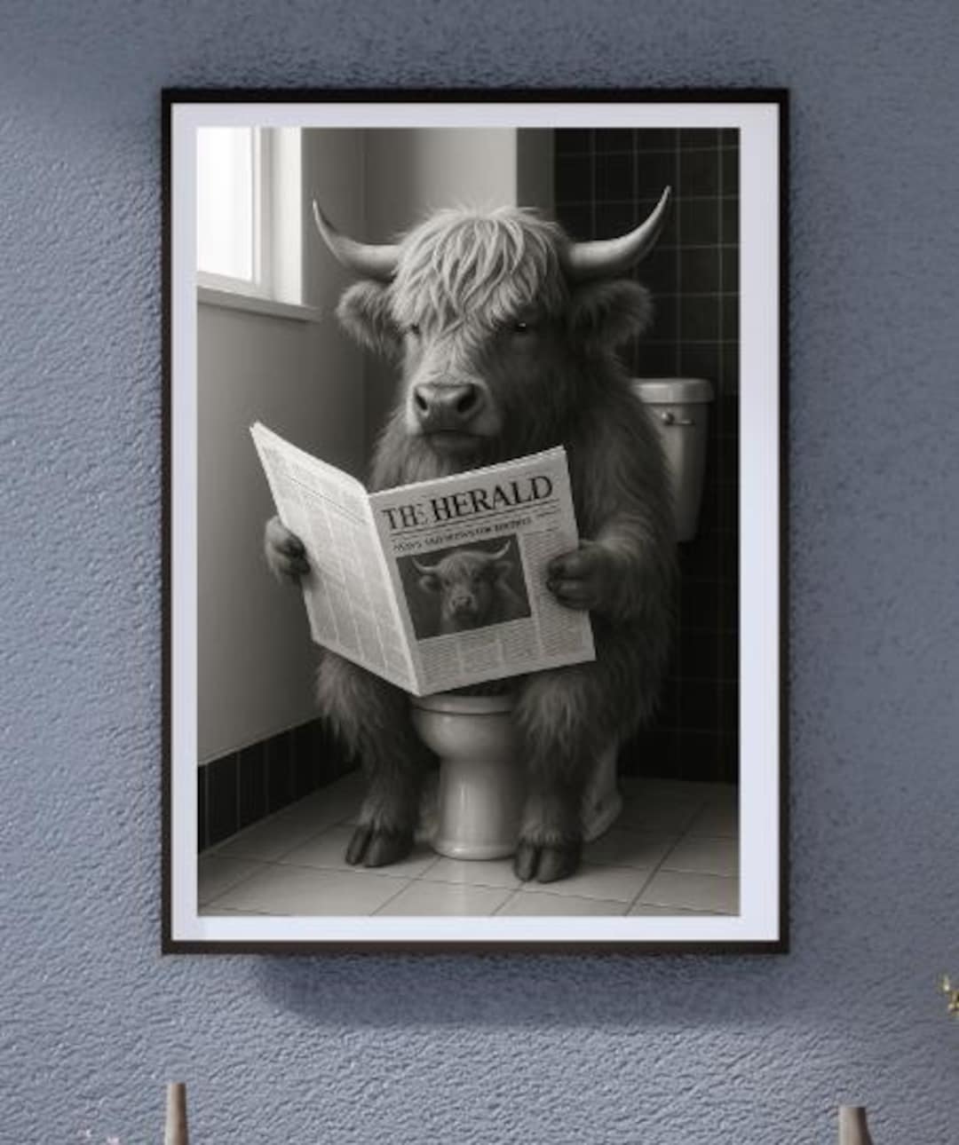 Bull Cow Sitting on the Toilet Reading a Newspaper, Funny Bathroom Wall ...