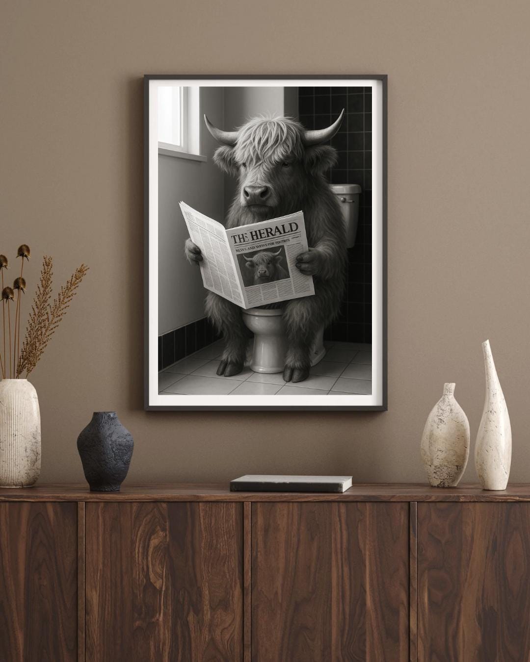 Bull Cow Sitting on the Toilet Reading a Newspaper, Funny Bathroom Wall ...