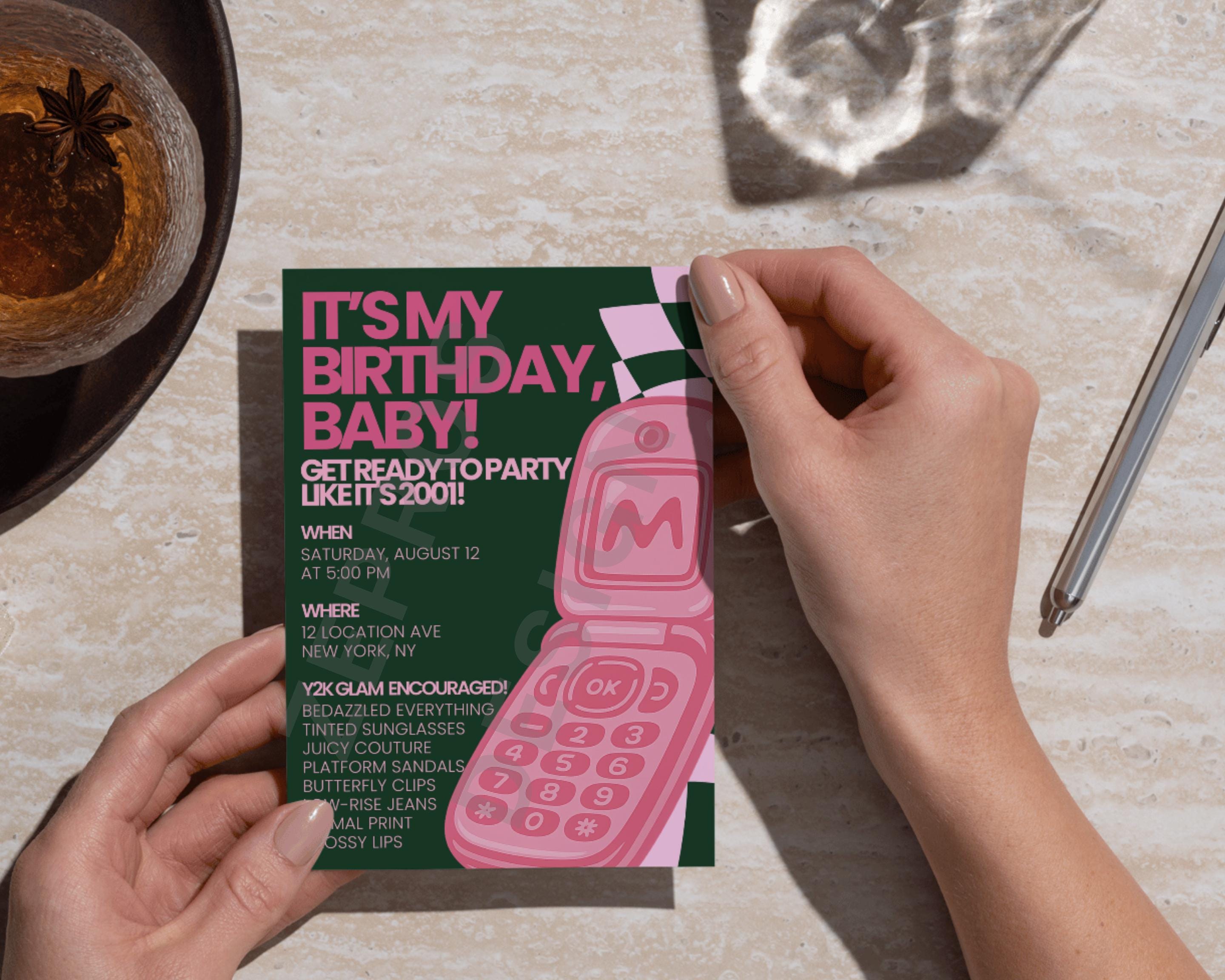 Y2K Birthday Invitation Template – Pink Retro Flip Phone Party Invite ...