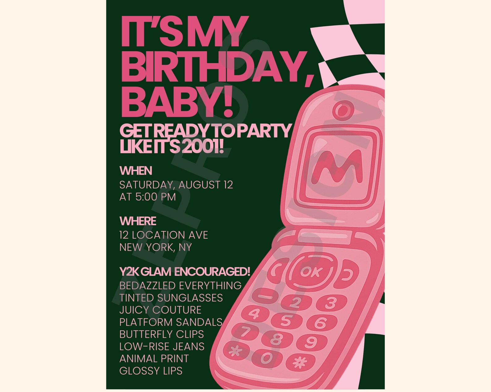 Y2K Birthday Invitation Template – Pink Retro Flip Phone Party Invite ...