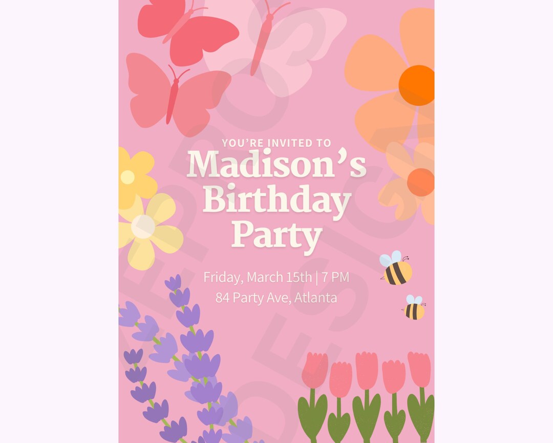 Spring Birthday Party Invitation Template | Butterfly Garden Birthday ...