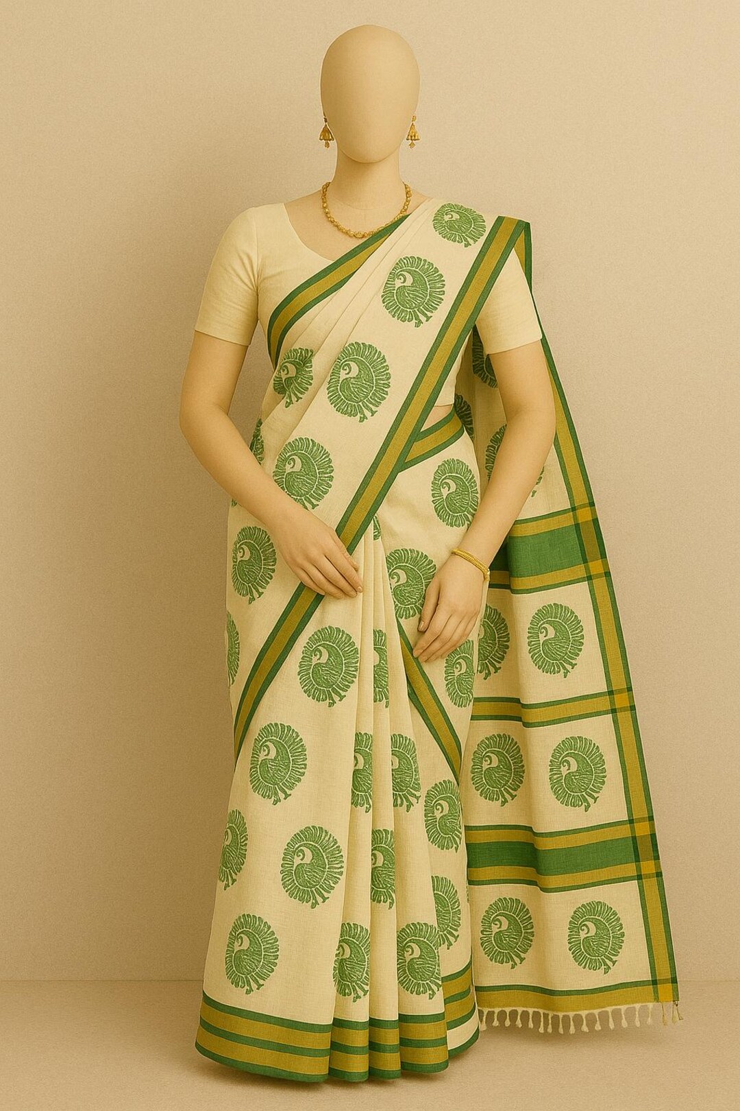 Handloom Cotton Kerala Set Mundu : Golden Kasav Border, Festive Wear - Etsy