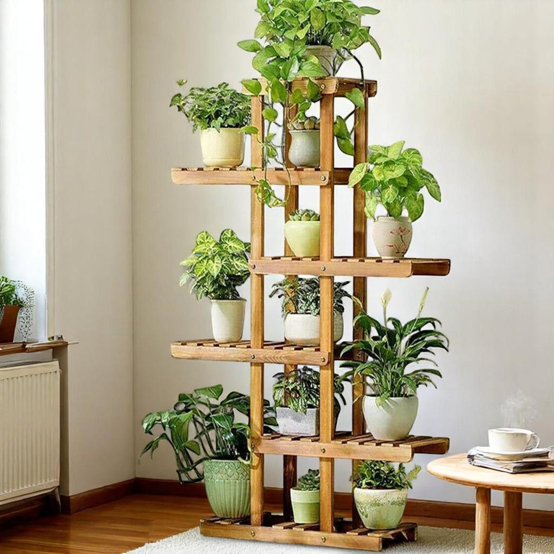 6-tier Wooden Plant Stand – Carbonized Pine Wood Flower Display Rack ...