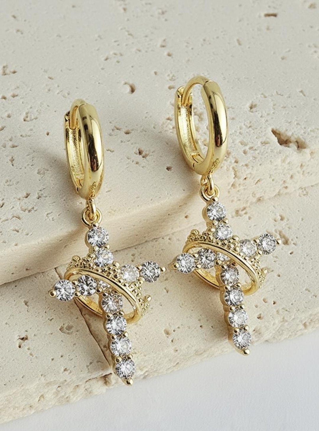 Gold Crown Cross Earrings: Dainty Movable Crown, Sparkling Paved Cross ...
