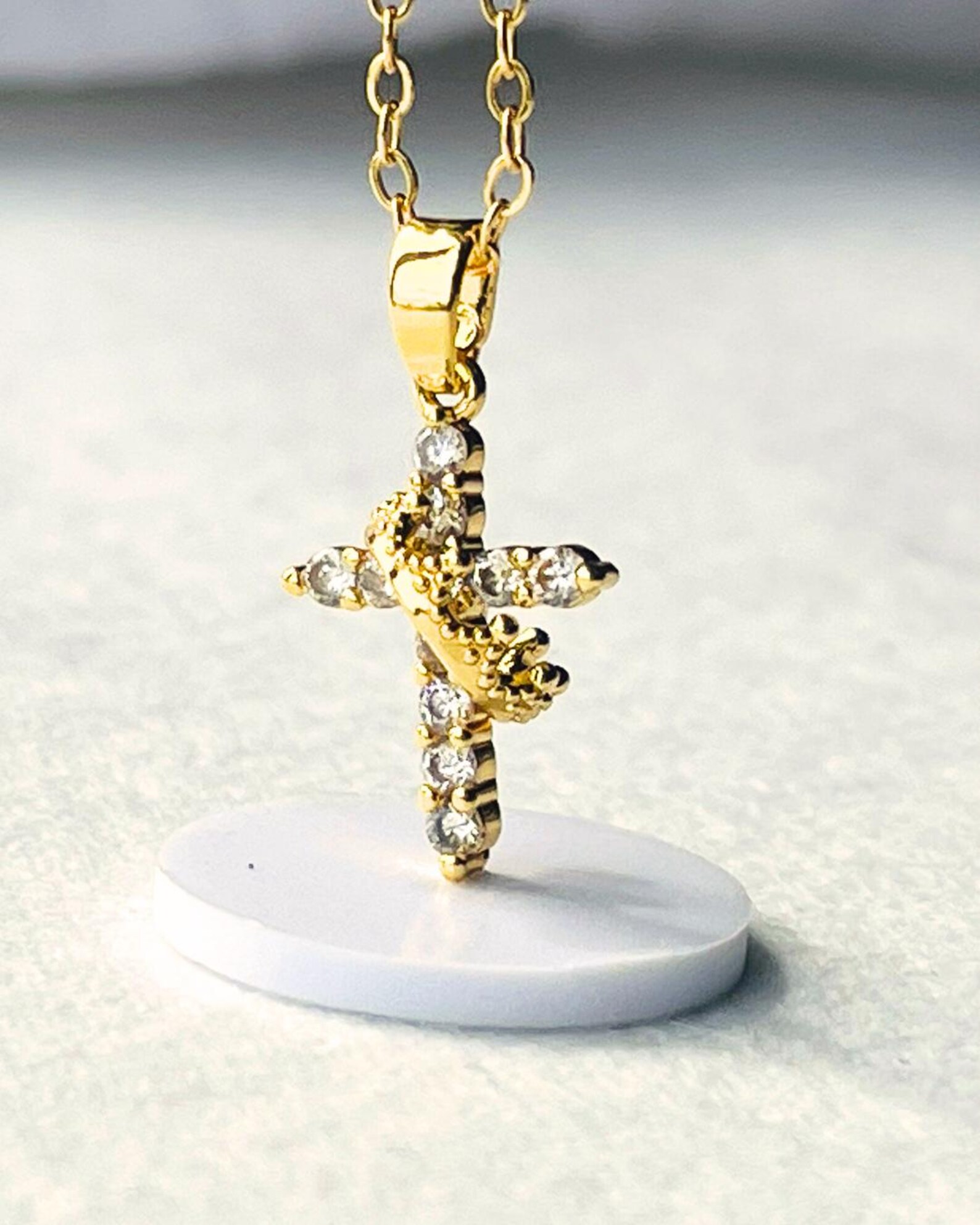 Diamond Cross Crown Necklace, 18k Gold Plated Christian Pendant ...