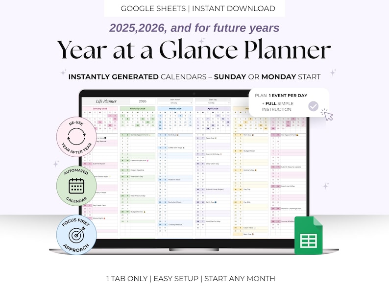 Year-at-a-glance Planner Google Sheets Spreadsheet – 2026 One Page ...
