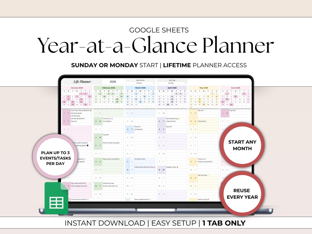 Year-at-a-glance Life Planner: Google Sheets Perpetual Calendar ...
