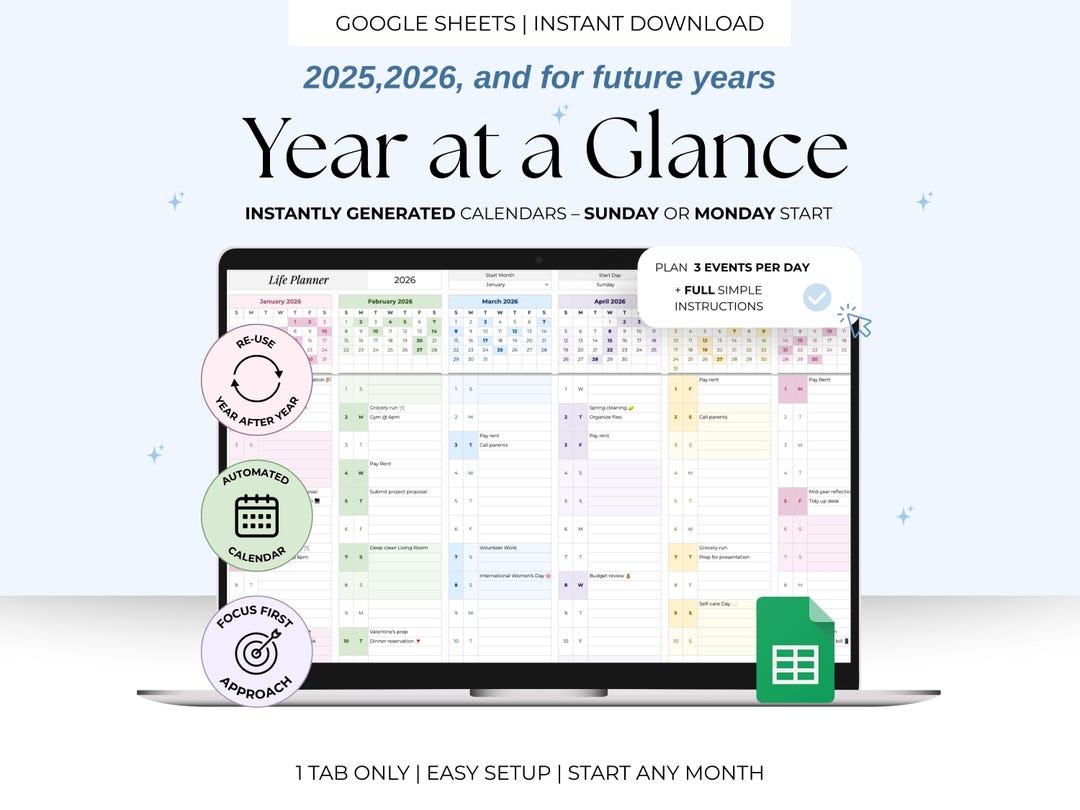 Year at a Glance Planner Spreadsheet Undated Yearly Overview Google ...