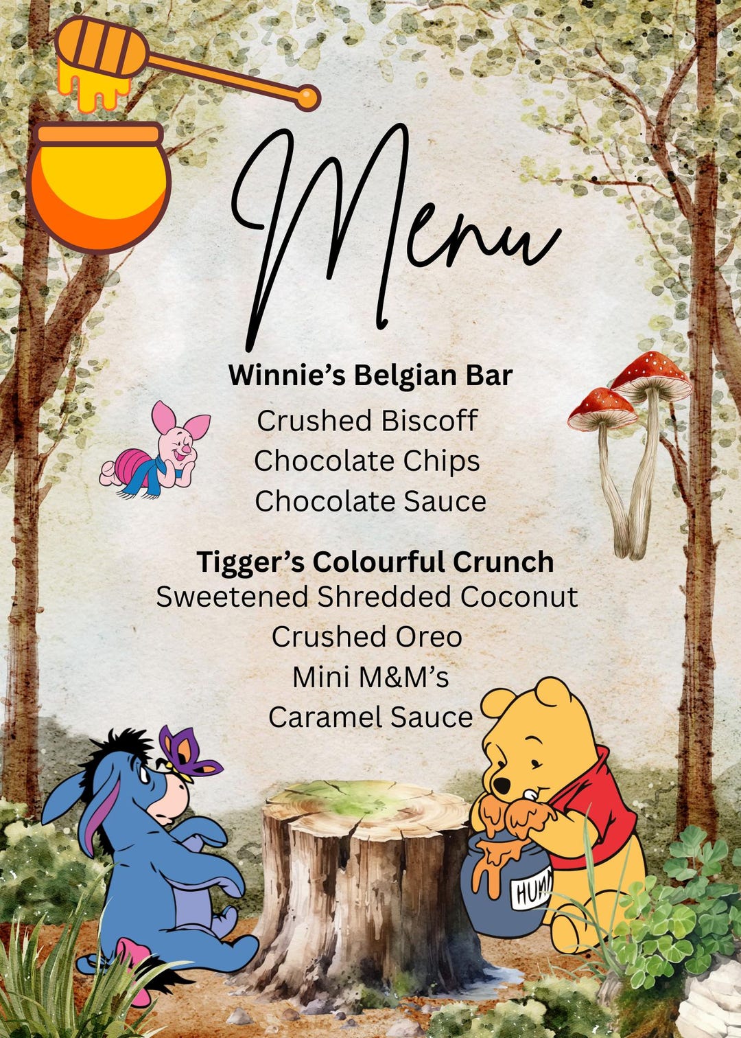 Winnie the Pooh Menu Card , Birthday Menu Card Template, Baby Shower ...