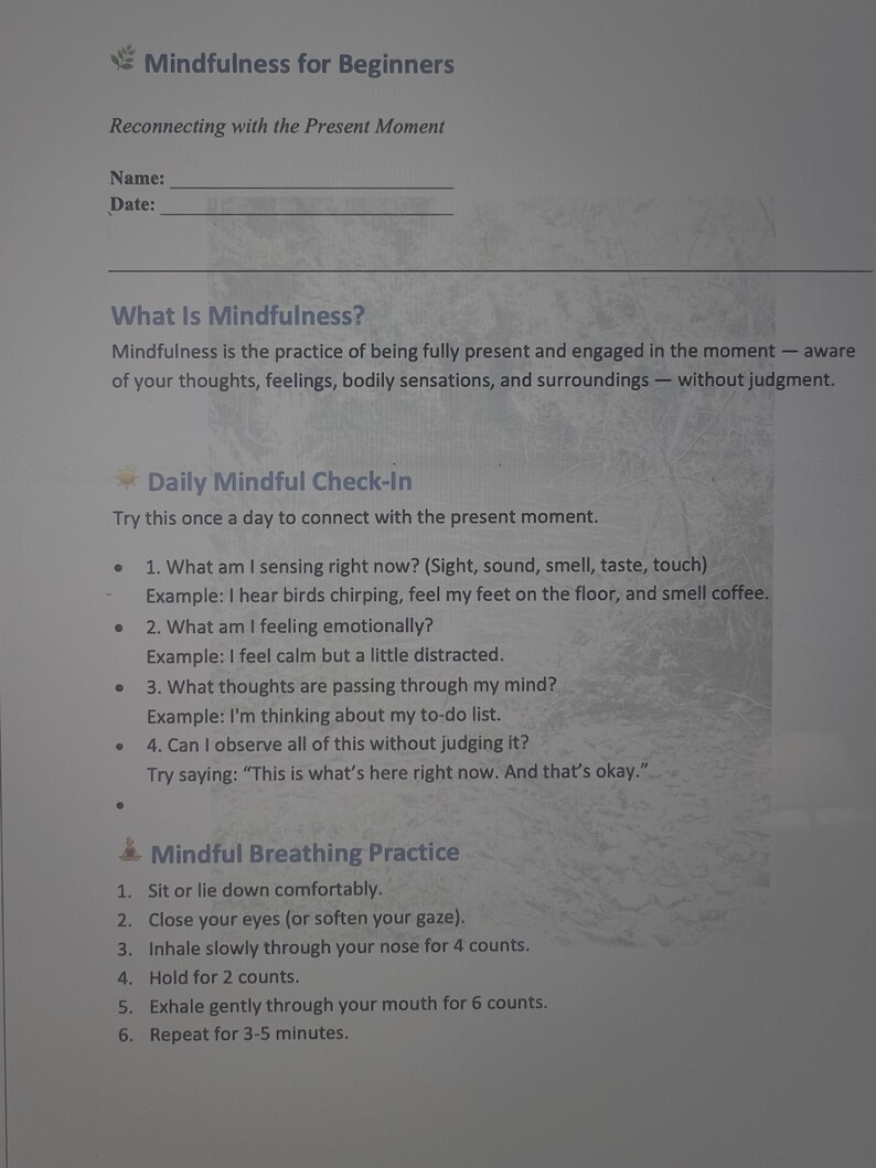 Mindfulness Worksheet - Etsy