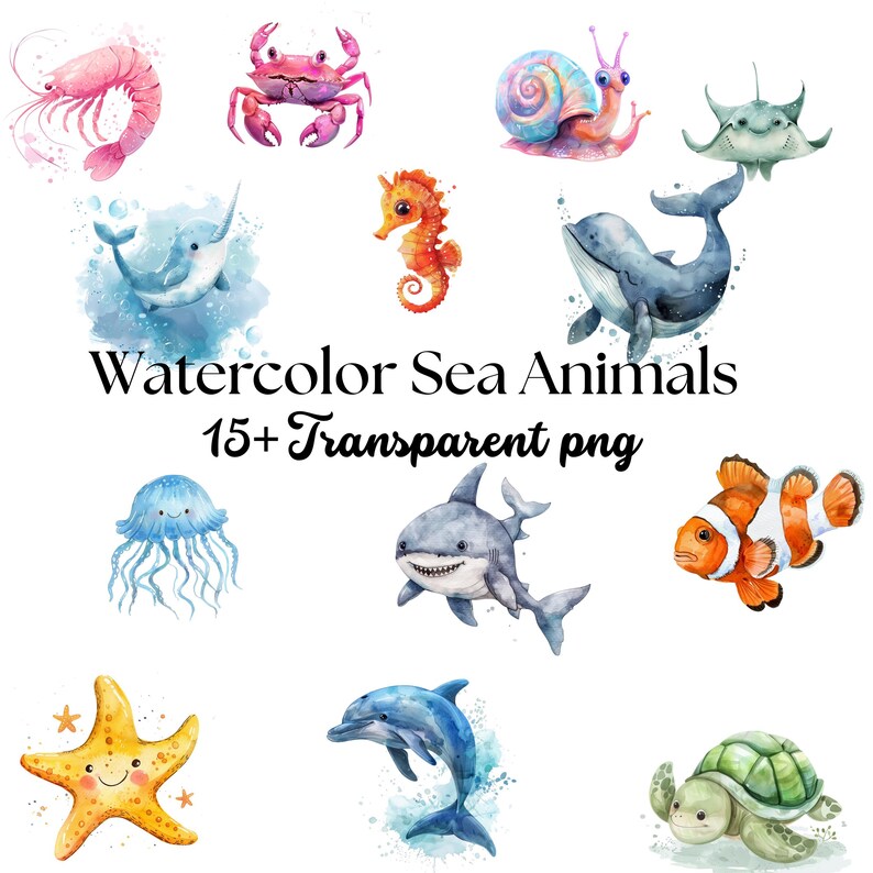 Watercolor Sea Animals Clipart Bundle: Ocean Creatures PNG (digital ...