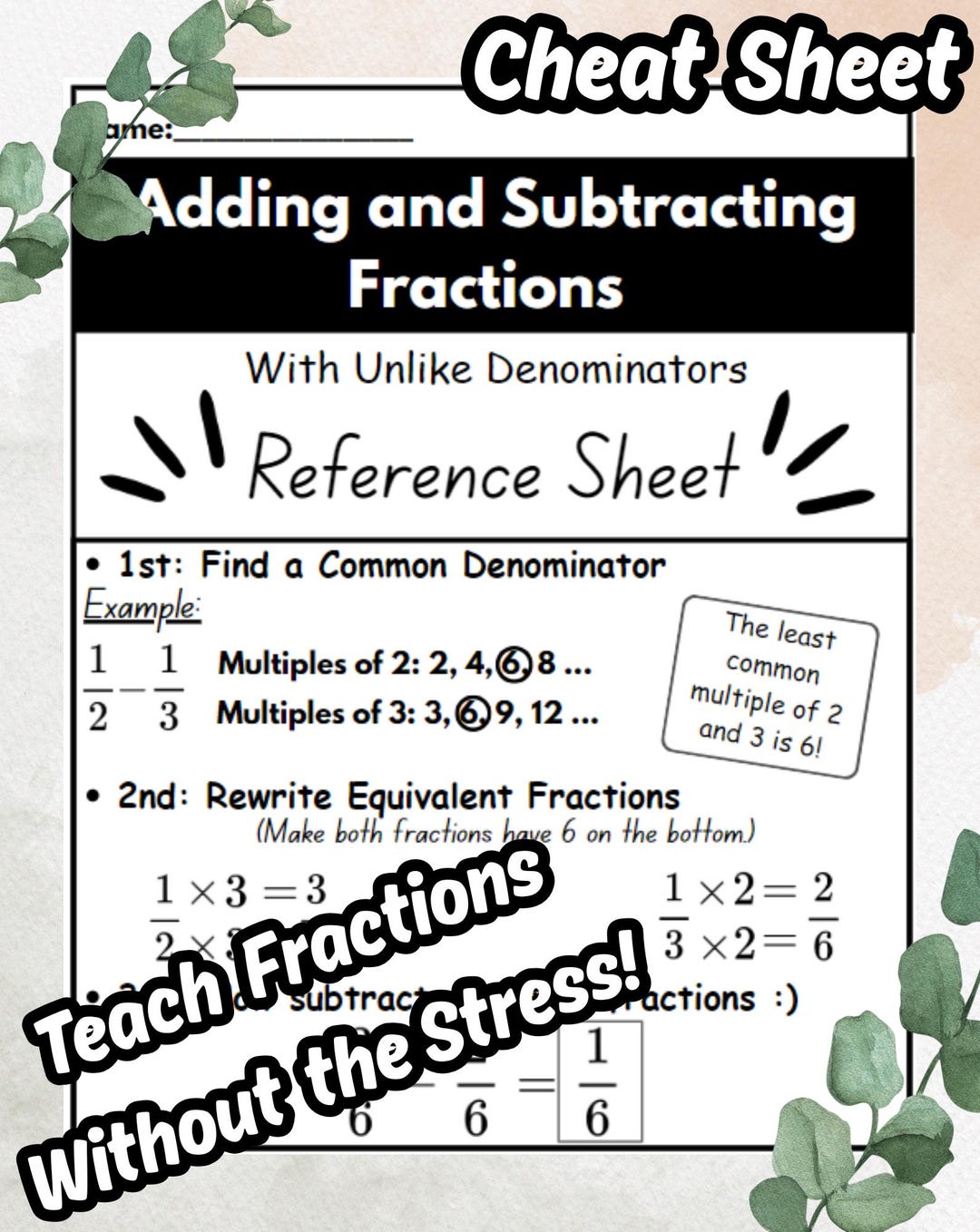 Adding and Subtracting Fractions Reference Sheet - Etsy