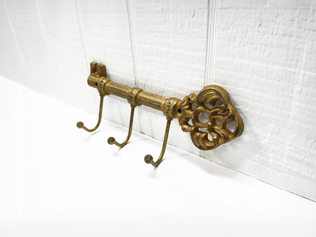 Ornate Cast Iron Key Shaped Key Holder With 3 Hooks in an Antique Gold ...