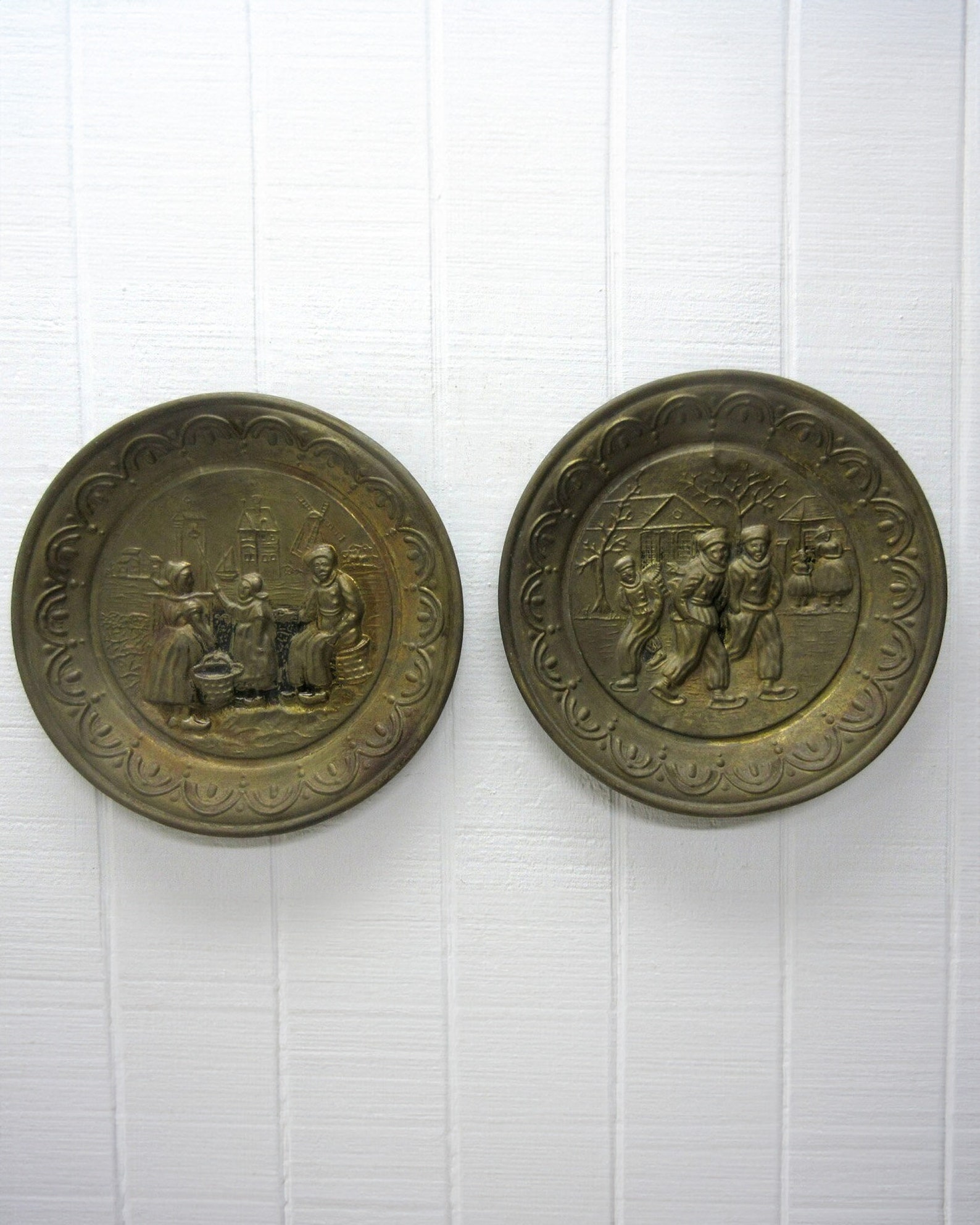Vintage Repousse Metal Bronze Brass Dutch Scene Wall Plaques Made in ...