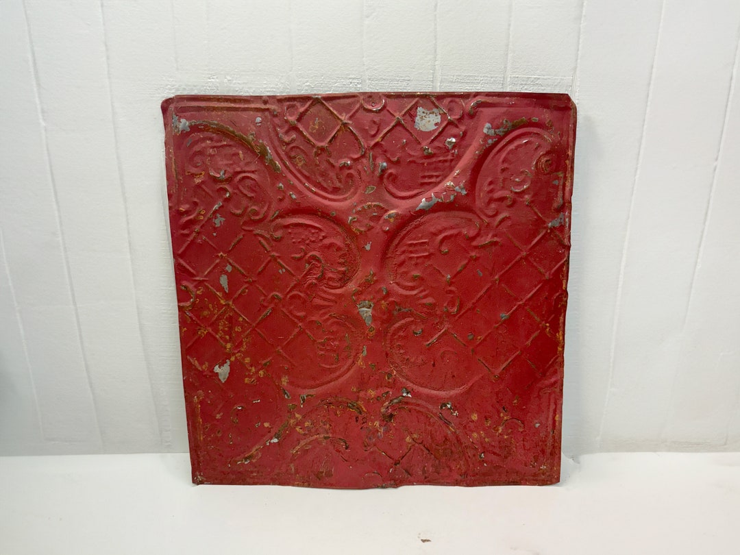Antique Ceiling Tin Tile - Distressed Red Paint - 23.5" - Vintage ...