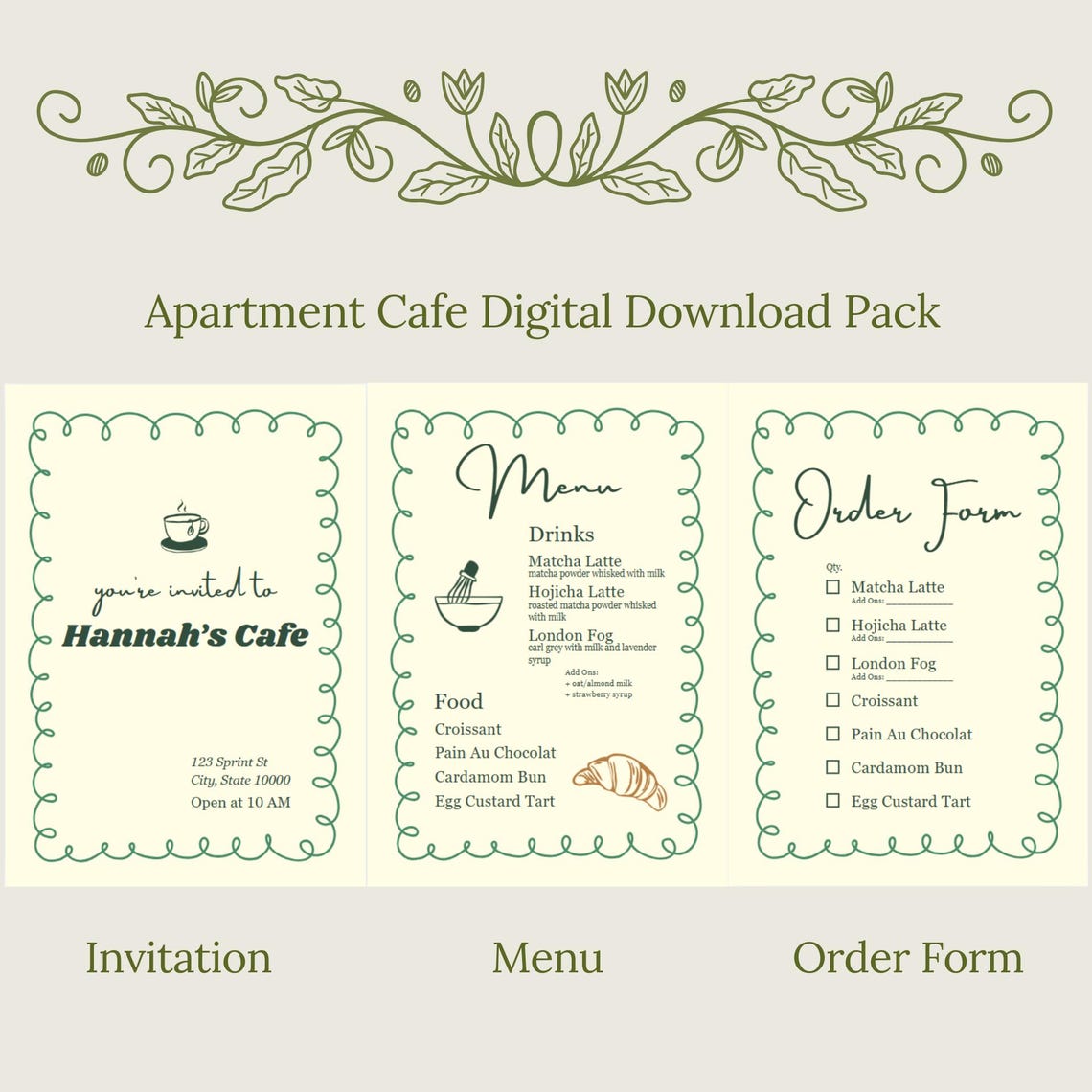 Matcha Cafe Template Pack, Editable Menu, Order Form & Invitation ...