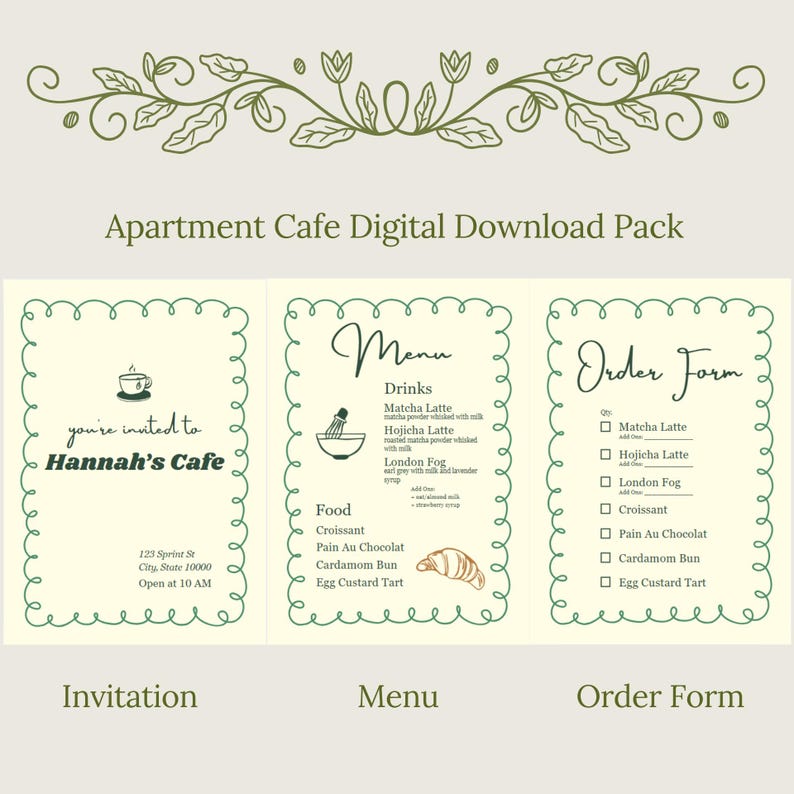 Matcha Cafe Template Pack, Editable Menu, Order Form & Invitation ...