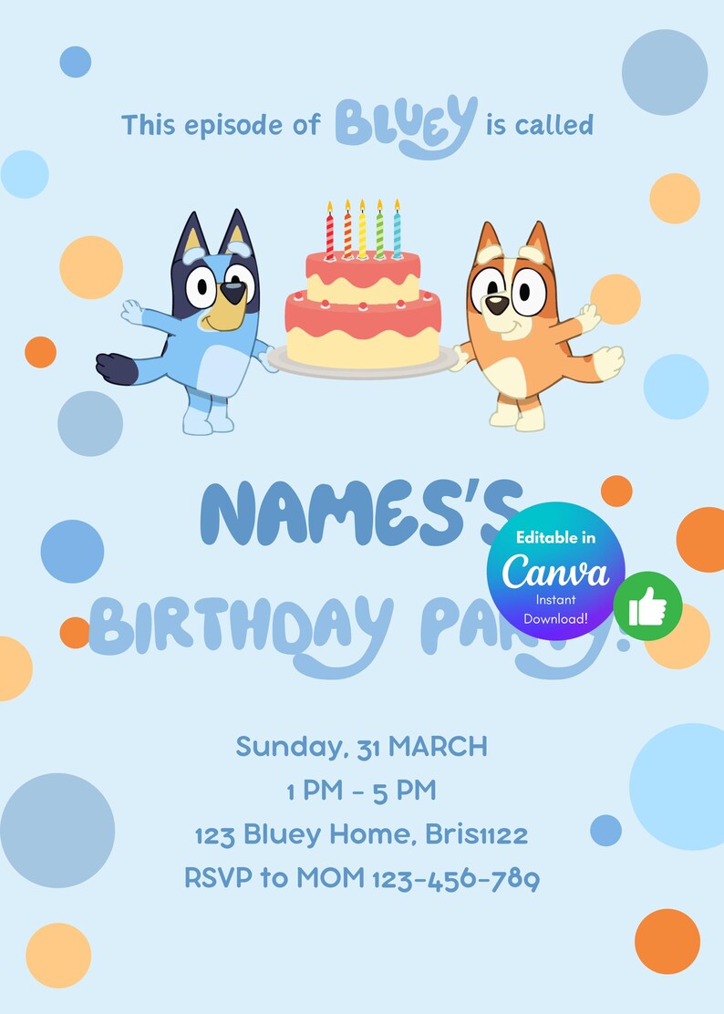 Bluey Birthday Invitation, Digital Party Invite, Editable Template ...