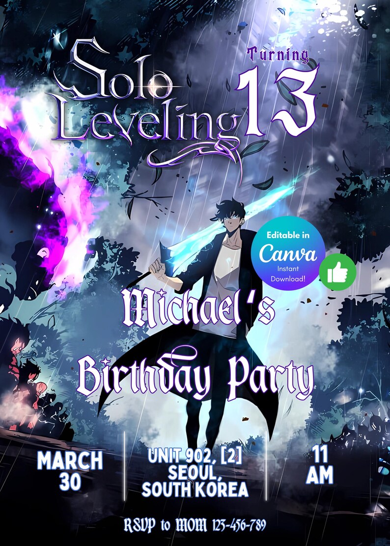 Solo Leveling Anime Birthday Invitation: Editable Canva Template ...
