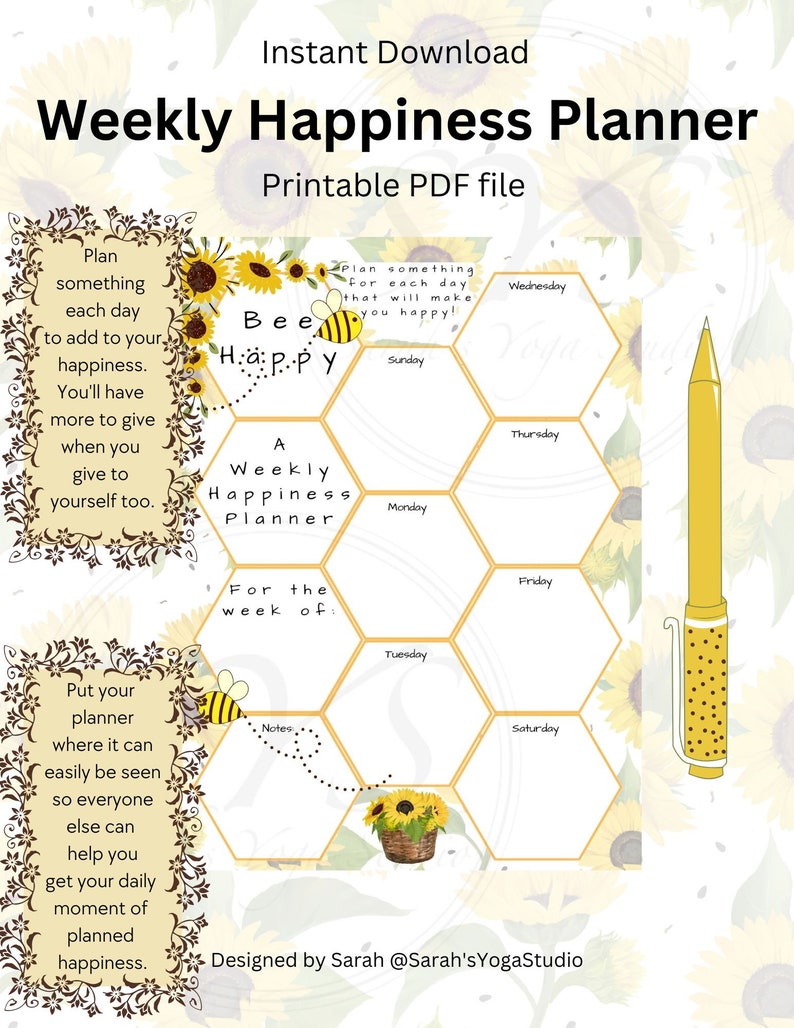 Bee-themed Digital Weekly Happiness Planner: Self-care for Busy Bees ...