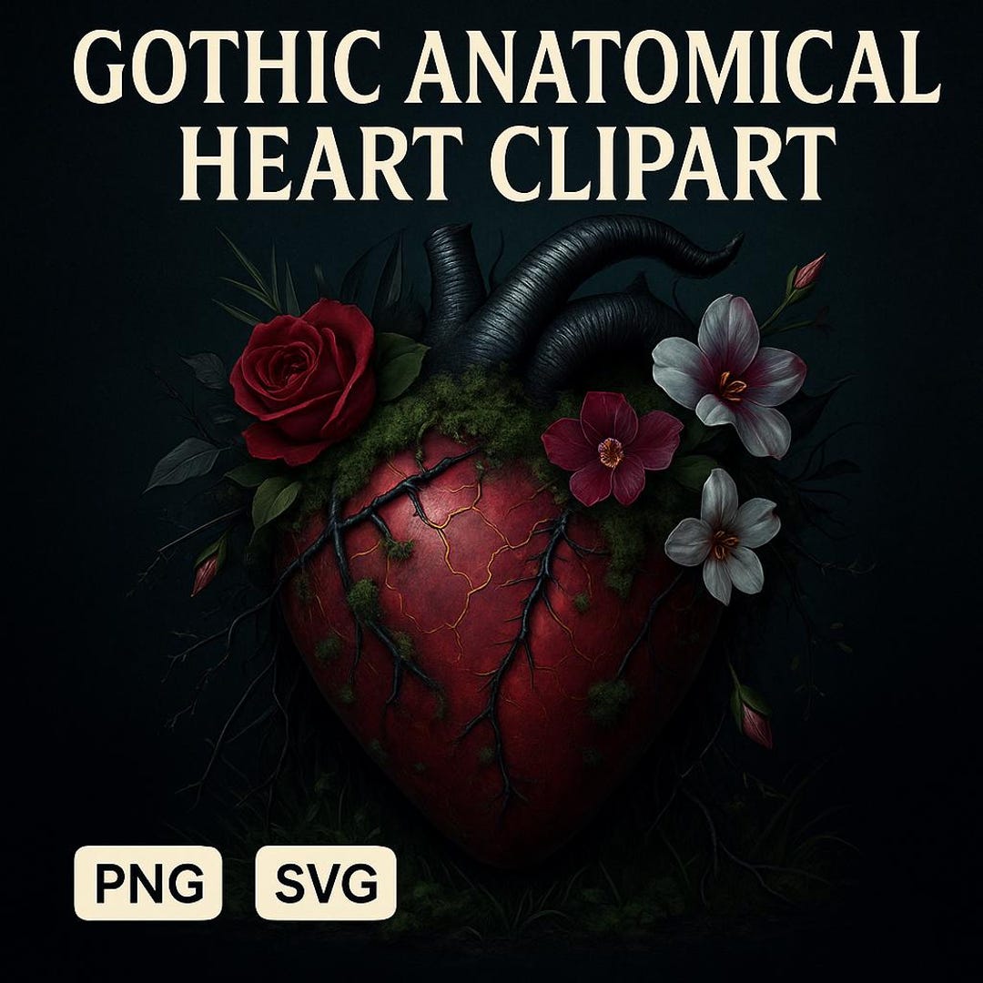Gothic Anatomical Heart Clipart With Flowers & Grass | Dark Botanical ...