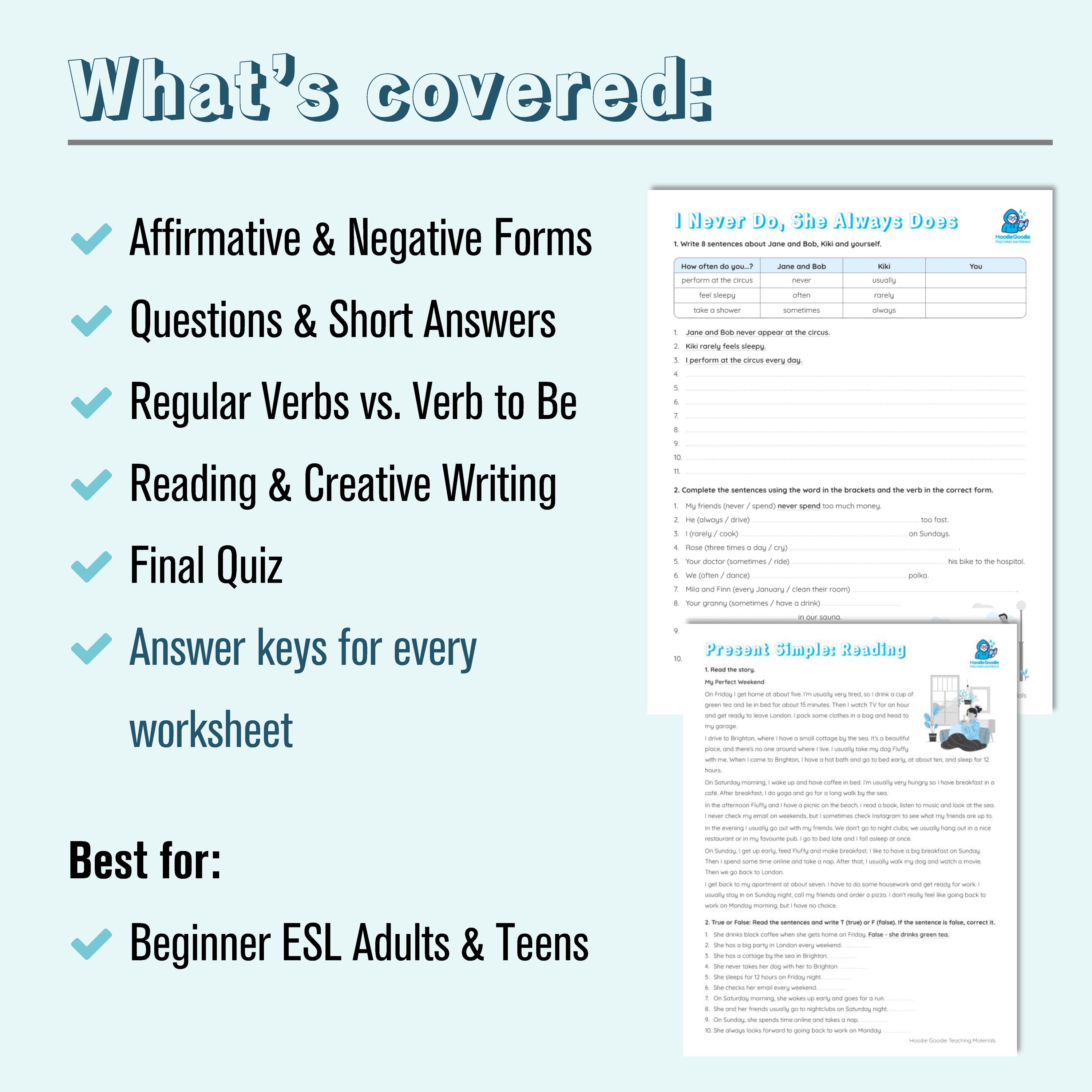 Present Simple ESL Worksheets PDF | 45 Pages, 25 Worksheets, 30 ...