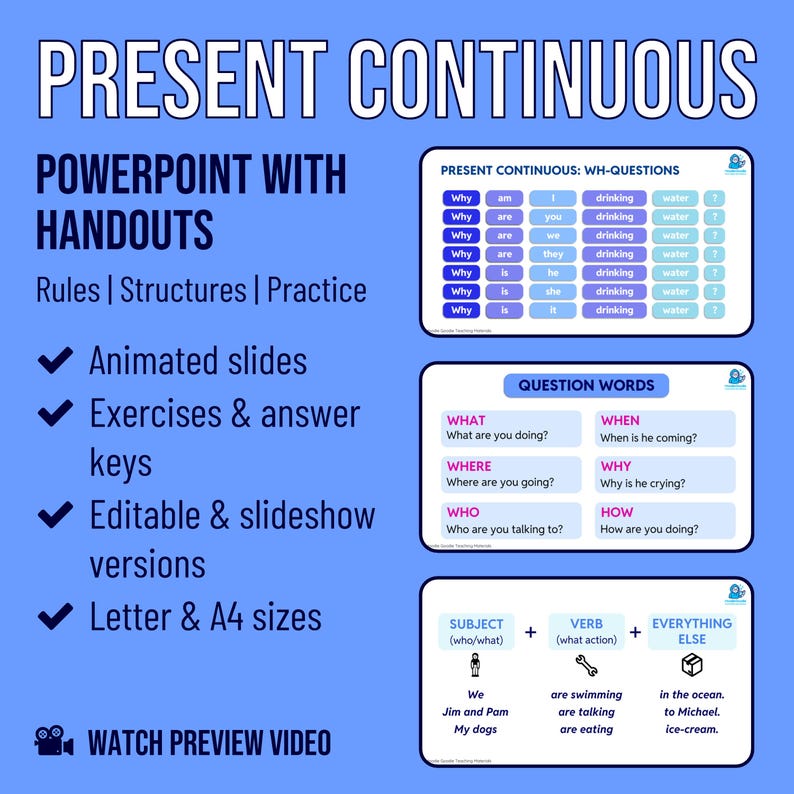 Present Continuous Powerpoint With Handouts | Rules, Structures ...