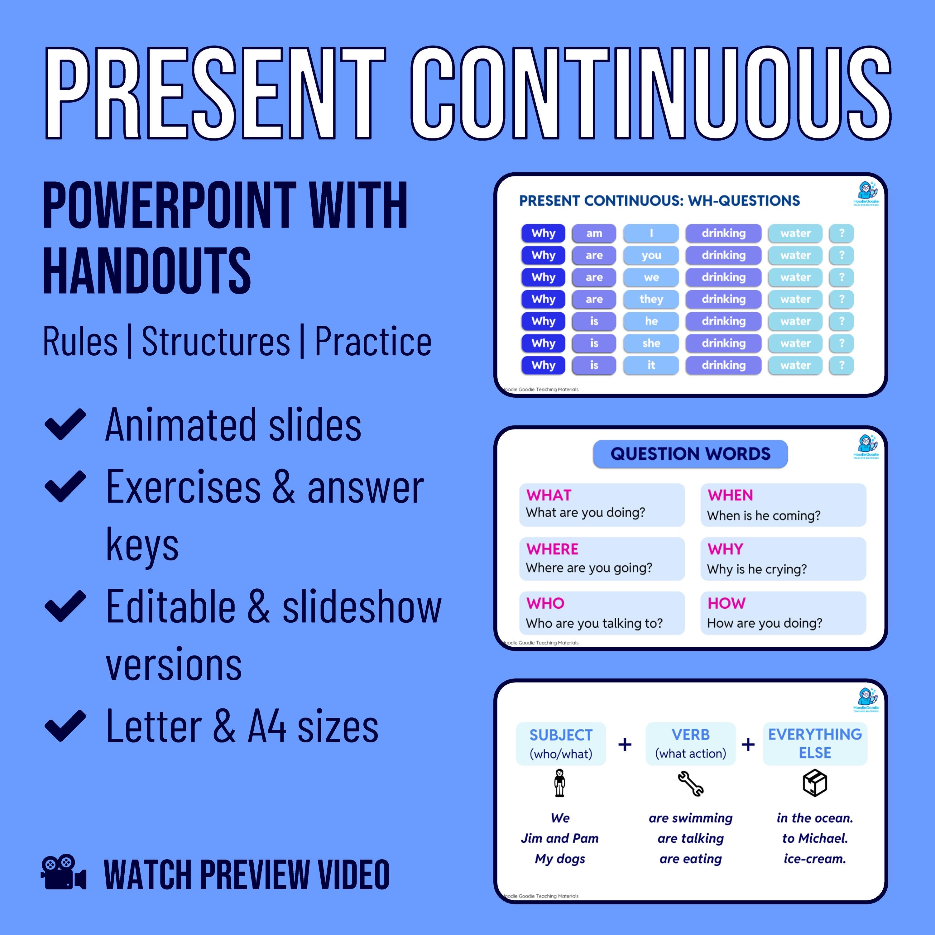 Present Continuous Powerpoint With Handouts | Rules, Structures ...