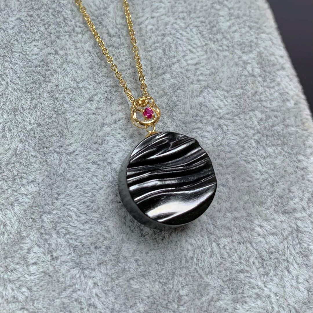 Natural Black Jade Pendant – Wave Texture Design | 16mm | Original ...