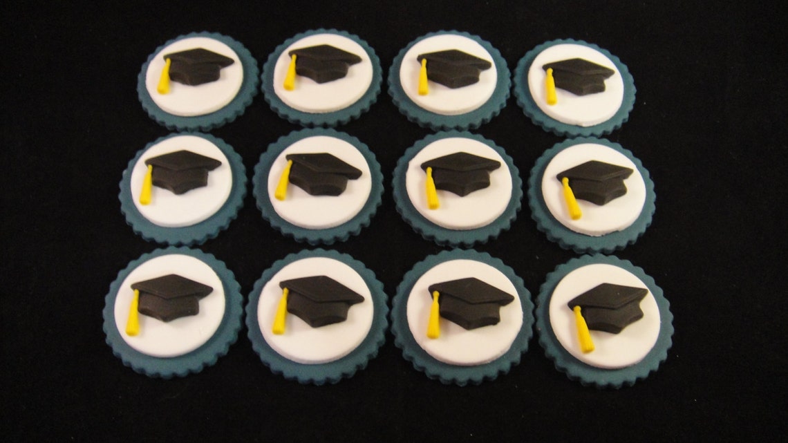 Graduation Hats Blue and Gold Edible Fondant Cupcake | Etsy