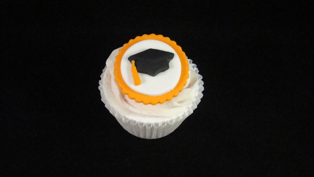 Graduation Hats - Orange and Black - Edible Fondant Cupcake Toppers - Etsy