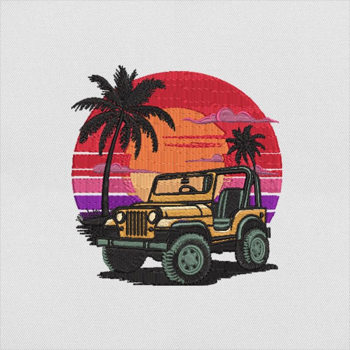 Beach Jeep Embroidery Design, Tropical Sunset With Palm Trees and ...