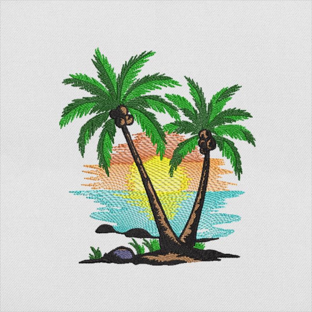 Palm Tree Sunset Embroidery Design, Two Tropical Palms With Ocean ...