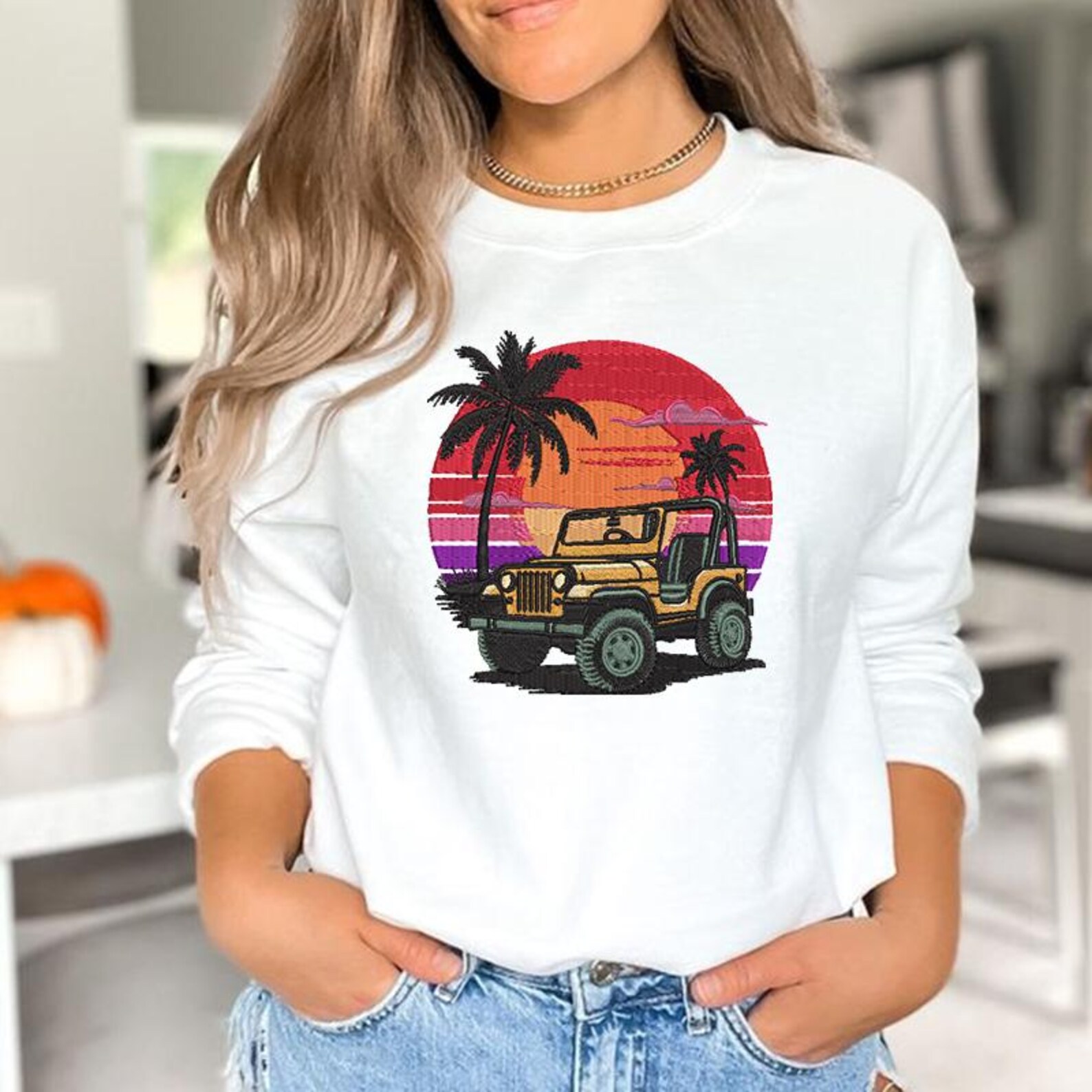 Beach Jeep Embroidery Design, Tropical Sunset With Palm Trees and ...