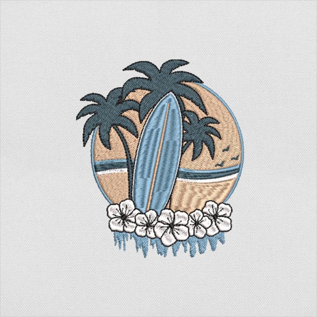 Surfboard Beach Embroidery Design, Palm Trees and Tropical Flowers ...