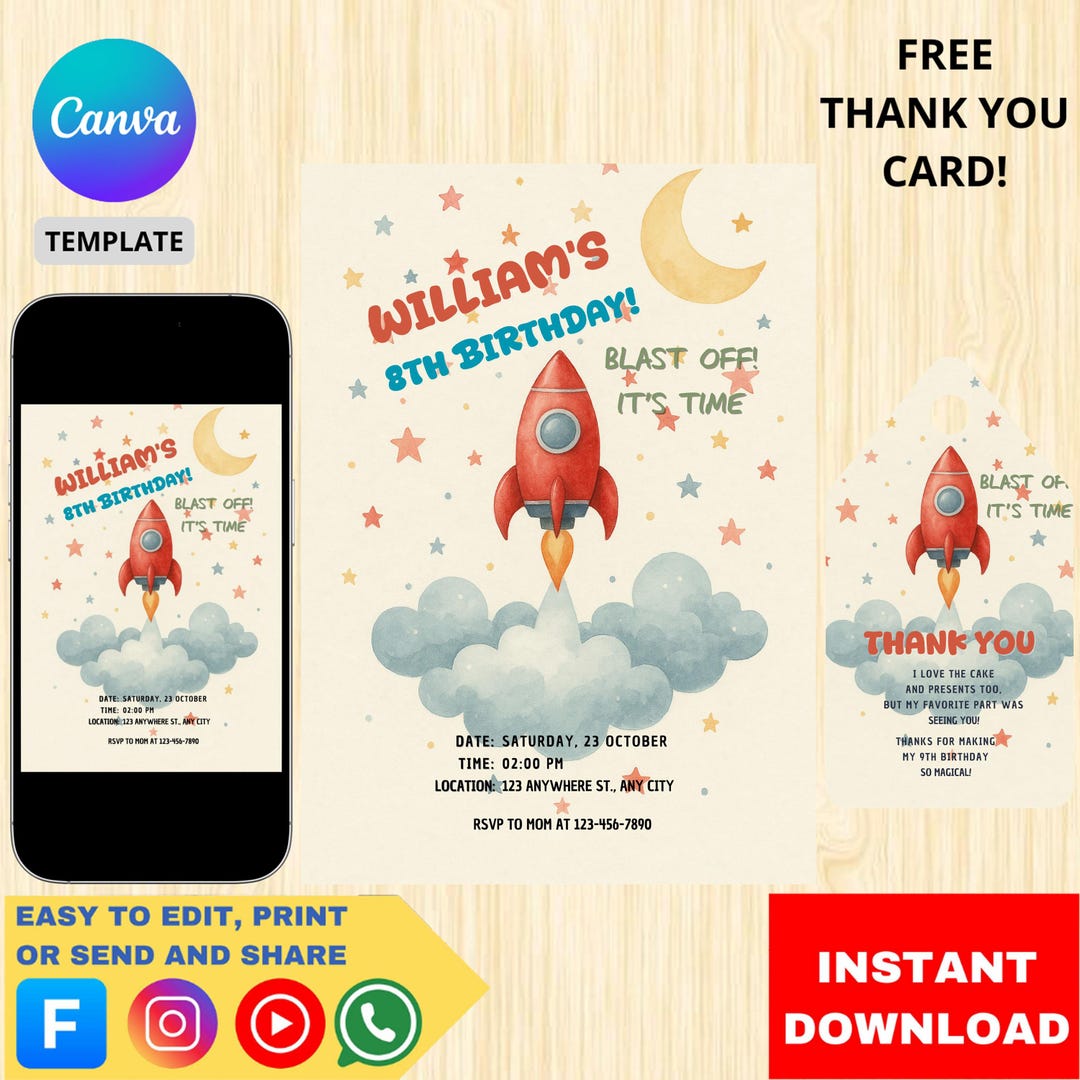 Birthday Space Rocketship Birthday Boys Party Invite 3 2 1 Blast off ...