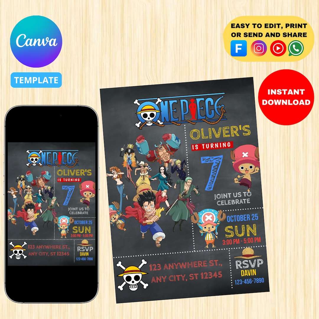 One Piece Invitation Card Printable Anime Birthday Party Invite Custom ...