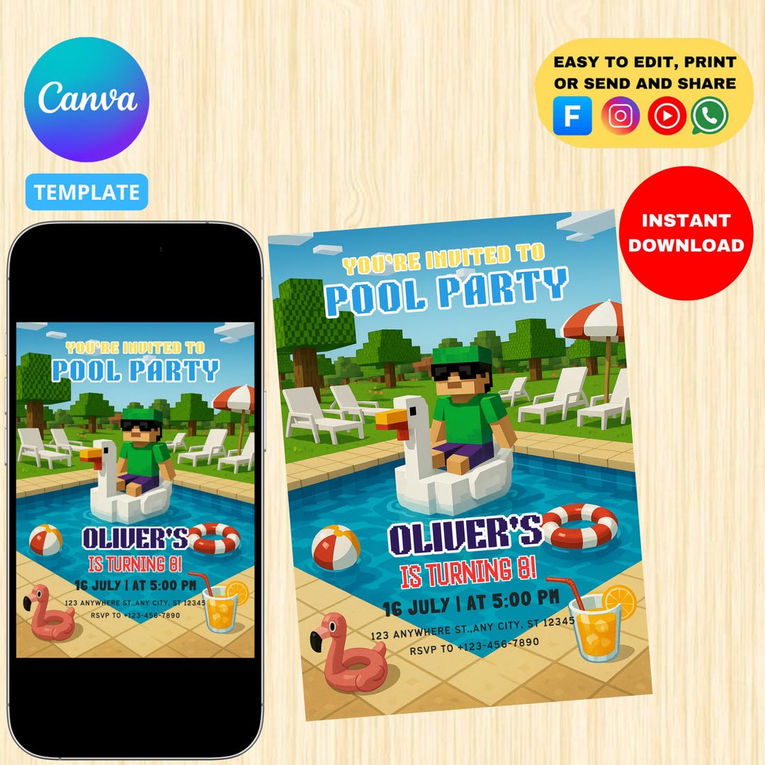 Roblox Pool Party Invitation Printable, Editable Birthday Invite for ...