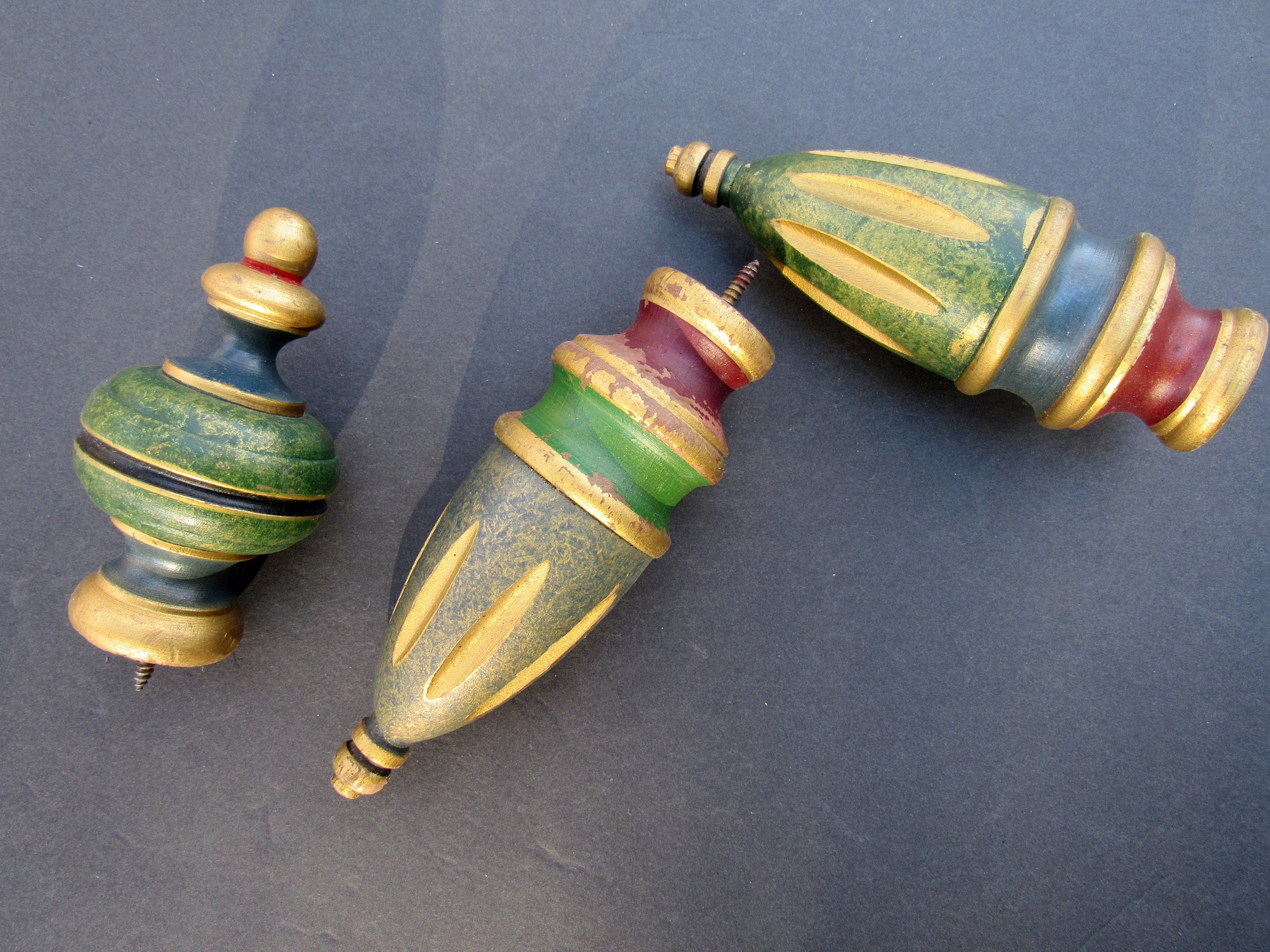 Antique Turned Finials, Curtain Rod Ends, Painted Gilt, Post Finial ...