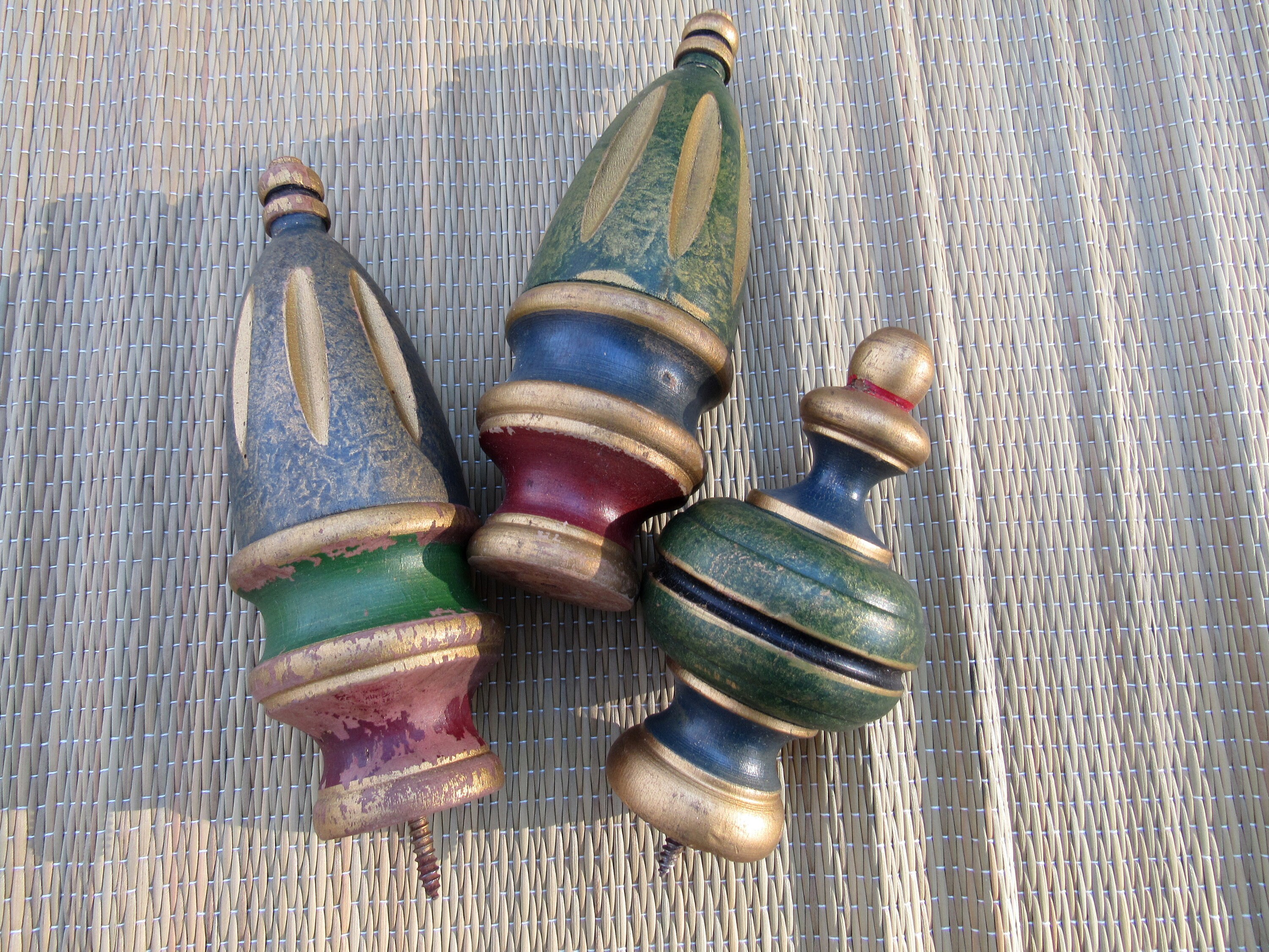 Antique Turned Finials, Curtain Rod Ends, Painted Gilt, Post Finial ...