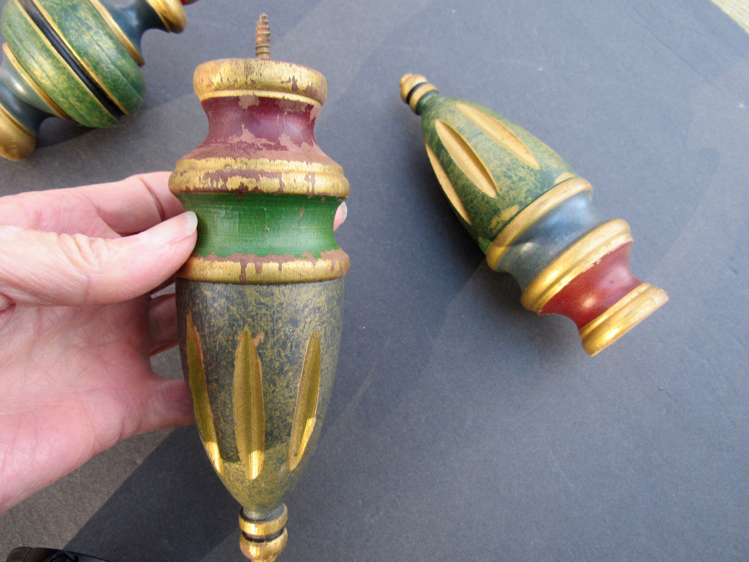 Antique Turned Finials, Curtain Rod Ends, Painted Gilt, Post Finial ...