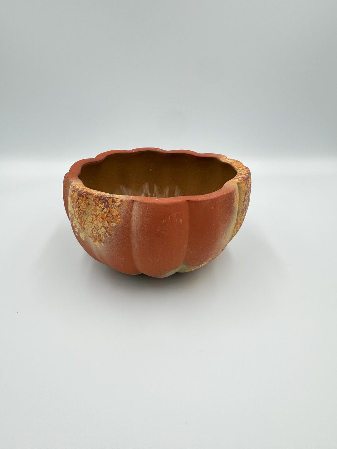Vintage "thin Ice" Art Pottery Classic Pumpkin Planter or Bowl on Red ...