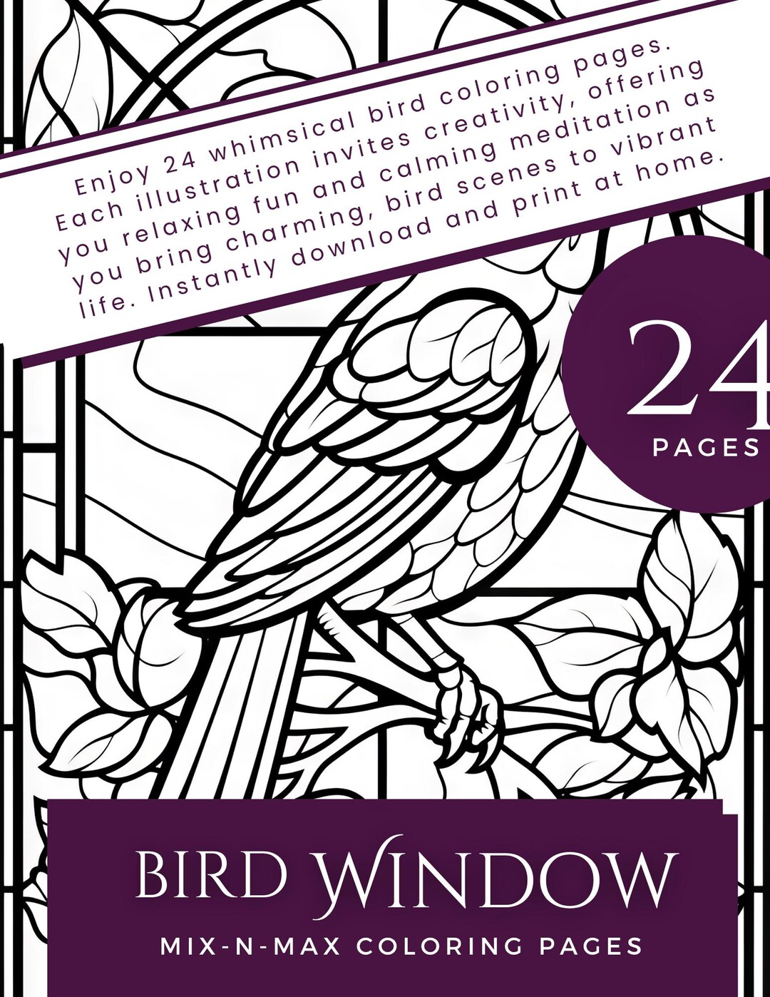 Stained Glass Bird Coloring Pages Printable Set | 24 Whimsical Bird Art ...