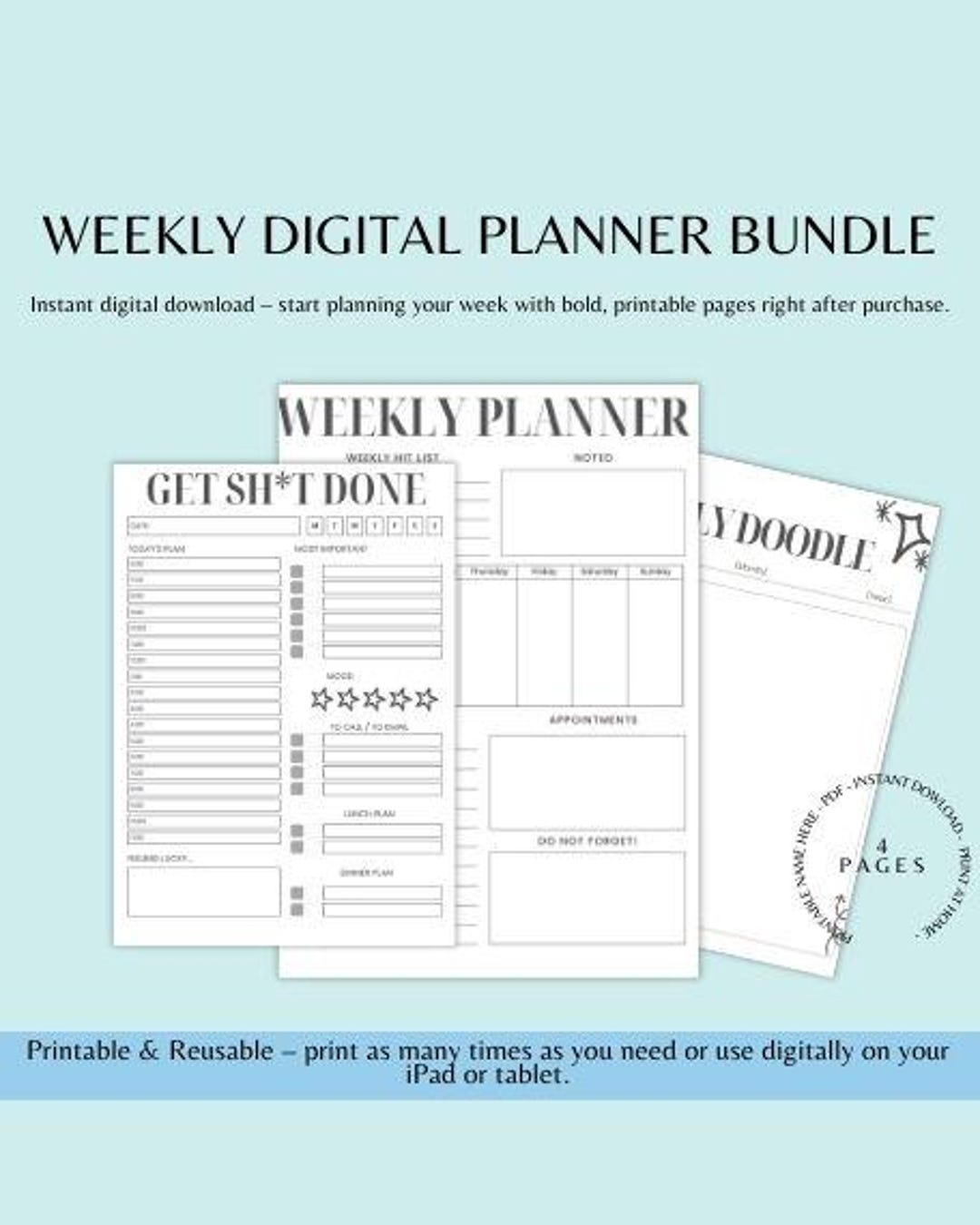 Weekly Digital Planner Printable | Bright & Bold Organizer Bundle ...